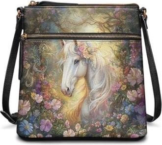 Coloranimal Sac &agrave; bandouli&egrave;re pour femme - Sac &agrave; bandouli&egrave;re &agrave; fermeture &eacute;clair - Sac &agrave; bandouli&egrave;re l&eacute;ger en cuir synth&eacute;tique, Cheval blanc vintage