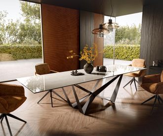 DELIFE Esstisch Edge 300x100 cm Keramik Onyx Champagne Spider Flachstahl Edelstahl Graphit, Esstische