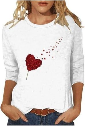 Generic Chemisier de Saint-Valentin pour femme - D&eacute;contract&eacute; - Manches 3/4 - Imprim&eacute; coeur - &Eacute;l&eacute;gant - Y2K Streetwear - Coupe ajust&eacute;e - Tunique ample - Col ro