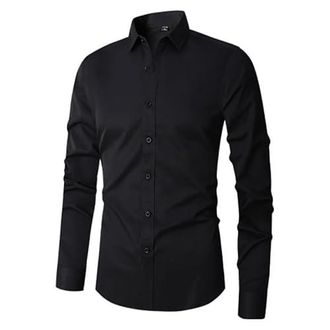 Generic Chemise &eacute;lastique &agrave; manches longues pour homme - Sans repassage - Manches longues - Revers - Couleur unie - Bouton - Chemise l&eacute;g&egrave;re &agrave; manches longues 