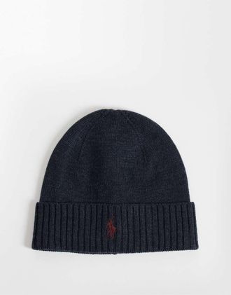 Polo Ralph Lauren Strickm&uuml;tze aus Merinowollmix in meliertem Anthrazit mit Logo-Symbol-Grau