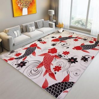 Generic Multicolore Lavable en Machine Tapis Salon Style Japonais Carpe ko&iuml; Rouge et Noir, 160 x 230 cm Doux Tapis de Sol Pelucheux Dessous Antid&eacute;rapant, Entr