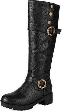 Generic Bottes de moto rétro à bout rond avec boucle de ceinture et fermeture éclair latérale pour femme, Noir, 37.5 EU