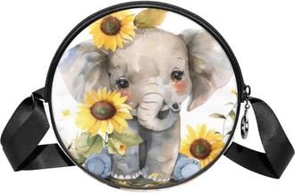 Generic Sac &agrave; bandouli&egrave;re rond pour femme, motif &eacute;l&eacute;phant, tournesol, petit sac &agrave; bandouli&egrave;re avec fermeture &eacute;clair, bretelles r&eacute;glables, sac &agrave; main rond d&eacute;co
