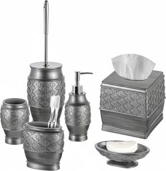 Creative Scents Dublin Badezimmer-Zubeh&ouml;r-Set, 6-teilig, inklusive Seifenspender, Seifenschale, Becher, Zahnb&uuml;rstenhalter, Taschentuchbox-Abdeckung, WC-B&uuml;rste (Silber