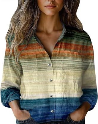 Generico Chemise Femme &Eacute;l&eacute;gant &agrave; Manches Longues T Shirt Coton Et Lin Curvy Grande Taille Blouse Col V Mode Chemises Vintage Fantaisie avec Boutons Classique C