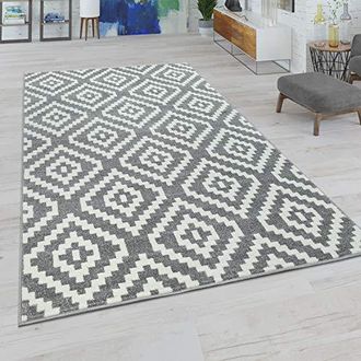Paco Home Tapis Salon Losanges Pastel Ethnique Bohème, Dimension:160x220 cm, Couleur:Gris-Blanc