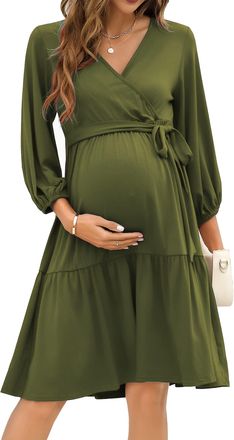KOJOOIN Damen Umstandskleid V-Ausschnitt 3/4 Ärmel Stillkleid Rüschen Schwangerschafts Kleider mit Gürtel Armeegrün(3/4 Ärmel) XXL