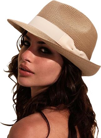 Dreshow Damen Panama Hut Breiter Krempe Stroh Sommer Fedora Strohhut Panama Aufrollen Hut Strand Rollbar UV Sonnenhut UPF 50 +