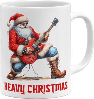 OM3 Heavy Christmas Kaffee-Tasse Lustige Weihnachtstasse f&uuml;r Rocker & Heavy Metal Fans - Santa mit E-Gitarre II - Keramik Becher - 325ml - Beidseitig Bedr