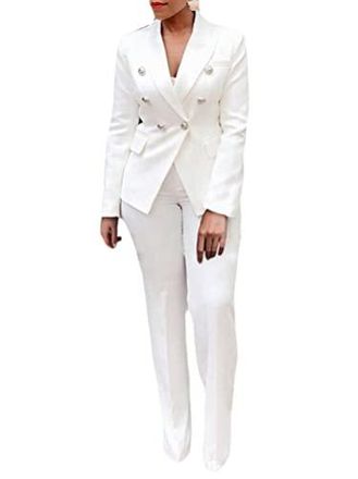 Minetom Tailleur Femme 2 Pi&egrave;ces Elegant Slim Fit Blazer Veste Formel Bureau Travail Pantalon Costumes D Blanc 42