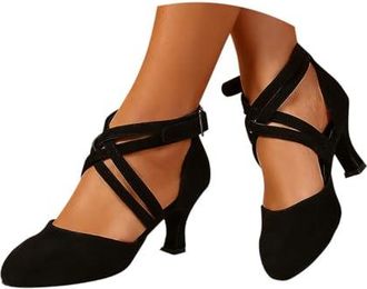 Minetom Chaussures De Danse Latine pour Femmes Sandale en Su&egrave;de Bout Ferm&eacute; Tango Valse Sociale Salsa A Noir 36 EU