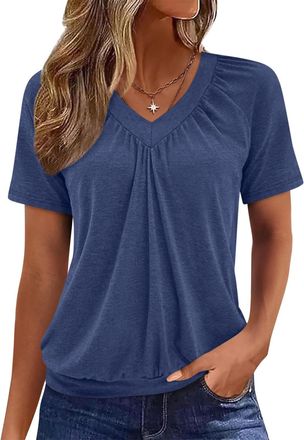 Onsoyours Tshirt Damen V-Ausschnitt T-Shirt Sommer Oberteile Kurzarm Longshirt Causal Falten Tops A Dunkelblau XXL