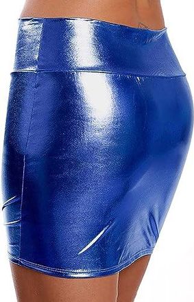 Generic Jupe en aluminium brillant pour femme - Mini jupe-short crayon en similicuir &agrave; taille &eacute;lastique - Extensible - Rehausseur les fesses - Jupe-short pour