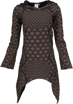 Guru Shop Ethno Pixi Minikleid, Bedrucktes Goakleid Langarm - Schwarz/braun, Damen, Baumwolle, Size:S