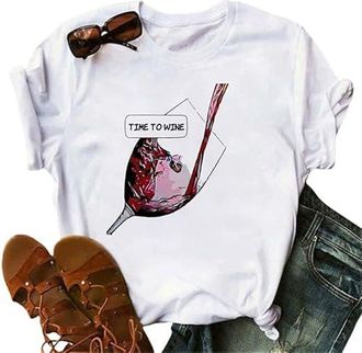 Keephen Verre &agrave; Vin T-Shirt pour Femmes Nouveaut&eacute; Verre &agrave; Vin Impression 3D T-Shirts &Eacute;t&eacute; Col Rond Manches Courtes Chemises &Eacute;t&eacute; Tee Casual Tops