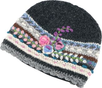 Guru Shop Farbenfrohe Wollm&uuml;tze mit Aufwendiger Blumenstickerei, Winterm&uuml;tze - Anthrazit, Herren/Damen, Wolle