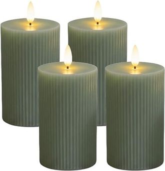 Relaxdays LED Kerzen, 4er Set, HxD: 13 x 7,5 cm, flackernde Flamme, Echtwachs, Rillen, flammenlose Blockkerzen, Salbei