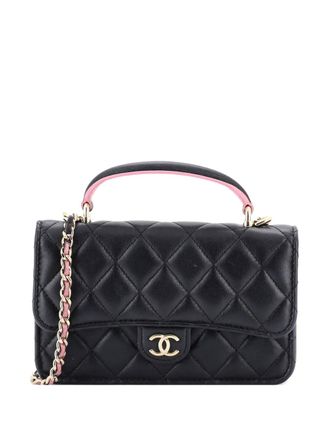 Chanel Classic Top Handle Flap Phone Holder with Chain Quilted Lambskin crossbody bag - Schwarz