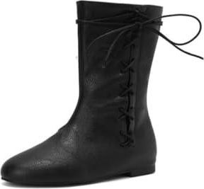 Generic Bottes Femmes Mi-Mollet avec Design Lacets Latéraux Bout Rond Talons Plat Cuir Faux Bottes Vintage Casual Quotidiennes De Mode,Noir,35 EU