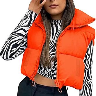 Generic Gilet matelassé sans manches pour femme, gilet court avec poches grande taille, couleur pure, gilet dhiver décontracté avec cordon de serrage réglable