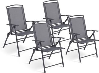 IDMarket Lot de 4 chaises de jardin pliantes avec accoudoirs ALGHERO m&eacute;tal et textil&egrave;ne gris anthracite