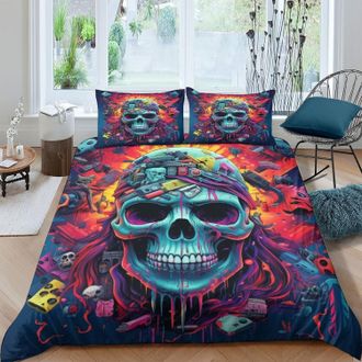 Generic 3D Mikrofaser Bettw&auml;sche-Set, Bettbezug, Halloween-Skelett 200X200 cm 3-Teilig, Bettw&auml;sche Mit Rei&szlig;verschluss + 2 Kissenbez&uuml;ge - Atmungsaktiv Hypoalle