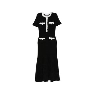 Self Portrait Black Chenille Knit Flower Trim Midi Dress