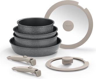 Monix One Click Pietra | 8-teiliges Kochgeschirr-Set, geschmiedetes Aluminium mit Antihaftbeschichtung, PFOA-frei, abnehmbarer Griff, geeignet f&uuml;r alle Herd