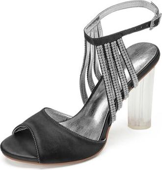 Generic Chaussures De Mariage Sandales &Agrave; Talons &Eacute;pais en Satin &Agrave; Bout Ouvert Femme Mari&eacute;e Bureau Travail Soir Hauts Sandale10.5Cm,Noir,39 EU