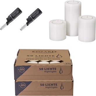 Edzard Set 3 Dauerkerzen Cornelius Plus 100 Teelichter & 2 Stabfeuerzeuge (Ø 6 cm, H 6, 8, 10 cm) in weiß - Teelichter Plus Halter, Kerzenhalter in Kerzenopt
