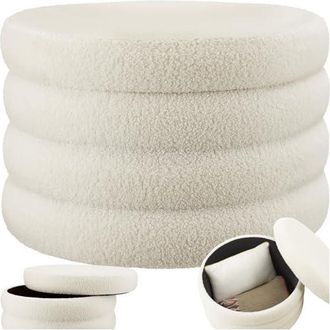 TecTake Tabouret Repose Pied Pouf avec Rangement Pouf Salon Ø67x42 cm en Bouclette Crème jusquà 150kg Design scandinave Cosy pour Coiffeuse, Salon, Chambre, B