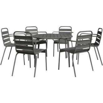 Vente-Unique Salle &agrave; manger de jardin en m&eacute;tal - une table ronde D.130cm et 6 fauteuils empilables - Gris anthracite - MIRMANDE de MYLIA