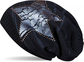 styleBREAKER Bonnet Beanie tricot&eacute; avec Un imprim&eacute; Vintage en Forme d&eacute;toile et Le Bord en Strass, Bonnet tricot&eacute; avec Un Motif ray&eacute;, Unisexe 04024083, Couleur:Minu