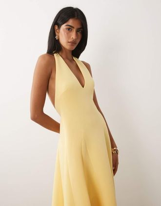 Asos Midikleid aus neoprenartigem Material in Gelb mit tiefem Ausschnitt und weitem, strukturiertem Rock