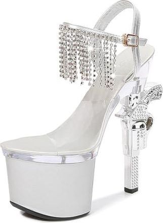 Generic Argent,40 EU,Sandales à Talons Aiguilles pour Femmes, Plateforme, Bout Ouvert, avec chaîne en Strass, Bride à la Cheville, Chaussures de soirée de Mar