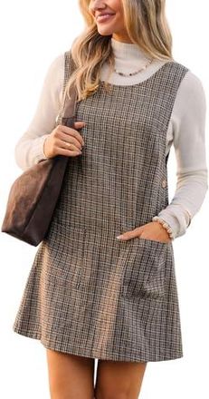 Cupshe Robe dautomne pour femme avec boutons lat&eacute;raux et col rond et poches Motif pied-de-poule, marron, Taille M