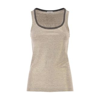 Brunello Cucinelli Femme, Tops, Beige, Taille: 42 FR Haut en jersey lam&eacute; de lin ray&eacute;