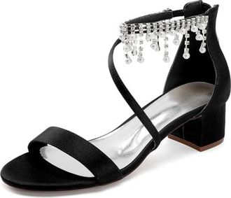 Generic Chaussures De Mariage Femme &Eacute;t&eacute; Talon Haut Sandales Satin&eacute;e Chunky Heels Bout Ouvert Mari&eacute;e Talons Bas 4.5CM,Noir,37 EU