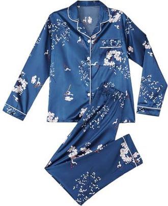 Generic Pyjama Femme Été en Coton en Satin De Soie Chemise De Nuit Chemise avec Boutonnière Tops Et Pantalon Longs Pyjama Set Respirant Pantalon De Pyjama pou