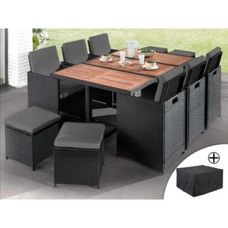 Best Mobilier Cuba - rattan sitzgruppe mit 10 sitzpl&auml;tzen - schwarz mit grauen kissen und schutzh&uuml;lle - schwarz / grau