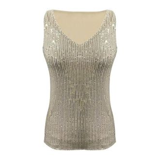 Generic D&eacute;bardeur &agrave; paillettes argent&eacute;es pour femme - Col en V - Sans manches - Couleur unie - &Agrave; paillettes - Mode - Polyvalent - Basique - Pour les f&ecirc;tes, ci