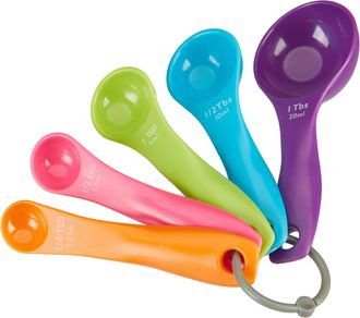 Relaxdays Messlöffel Set 5-teilig, amerikanisch, bunte Löffel, Kunstoff, metrisch, Teelöffel, Esslöffel, mehrfarbig