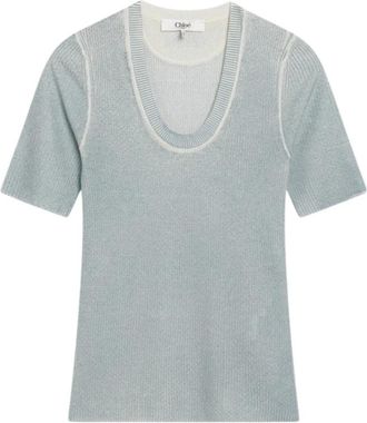 Chlo&eacute; Femme, Pulls, Bleu, Taille: 42 FR Pull &agrave; encolure d&eacute;gag&eacute;e et manches courtes