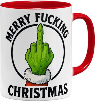 OM3 witzige Merry Fucking Christmas Kaffee-Tasse mit Spruch - Mittelfinger Weihnachten II - Keramik Becher - 325ml - Beidseitig Bedruckt - Rot