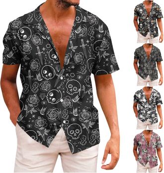 Jamicy Hawaii Hemd M&auml;nner Strand Hemden Sommer Kurzarmhemd Totenkopf Grafik Drucken Streetwear Tshirt Tops Y2K Oberteile Baumwolle Kleidung Jungen Mode Hemd 