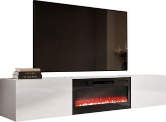 Mirjan24 TV Schrank mit Elektrischem Kamin Slide 200 Fernsehschrank TV Lowboard Griffloses &Ouml;ffnen H&auml;ngeschrank Elektrischer Kamin, Heizung Realistische LED-Fla