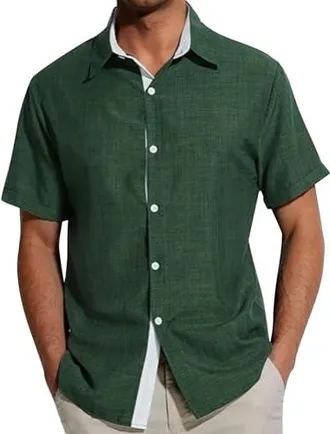 Generic Chemise en coton et lin pour homme - Haut boutonn&eacute; &agrave; manches courtes - Col &agrave; revers tendance - Coupe ample - Confortable - Respirant - V&ecirc;tements de pl
