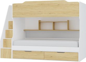 Vente-Unique Etagenbett mit Stauraum - 90 x 190 cm - Weiß & Holzfarben - Yalova