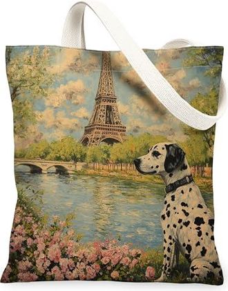 Generic Sac fourre-tout en toile motif chien dalmatien printanier, 33 x 38,1 cm, tour romantique, sac d&eacute;picerie r&eacute;utilisable pour femme, animal de compagnie, 
